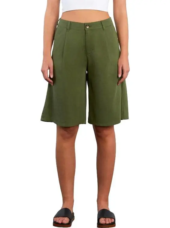 HINT OF BLU Pleated Mid-rise Denim Bermuda Shorts - Vineyard Green