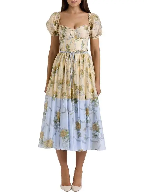 House Of Cb Floral Puff Sleeve Corset Chiffon Midi Dress - Yellow Rose Print