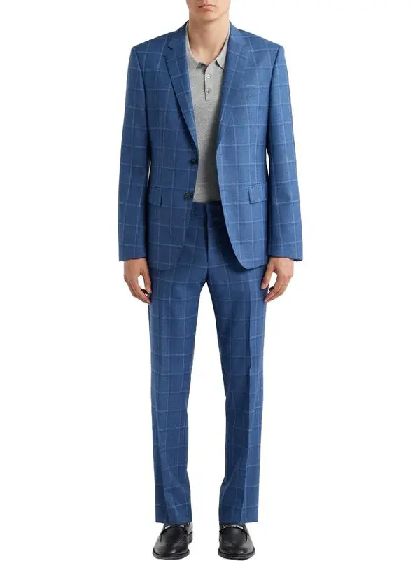 BOSS Huge Slim Fit Windowpane Check Wool Suit - Dark Blue