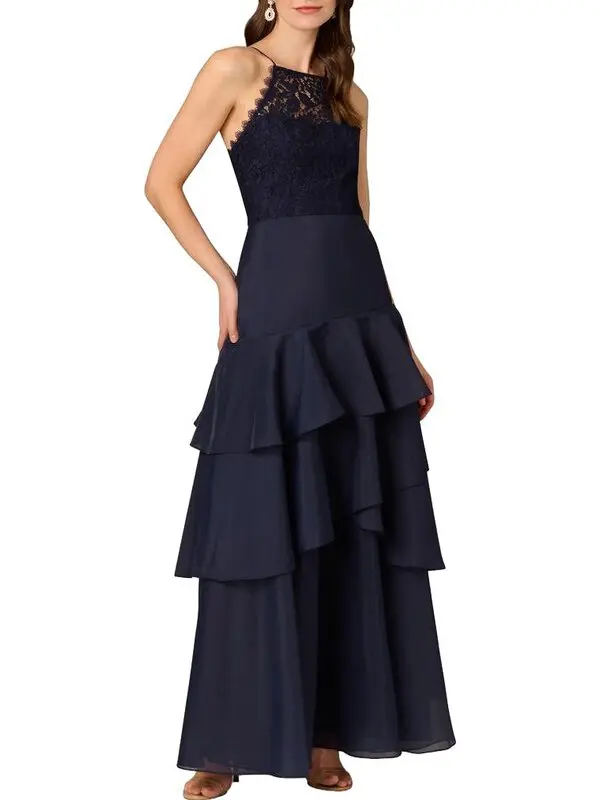 Aidan Mattox Lace Organza Tiered Gown - Navy