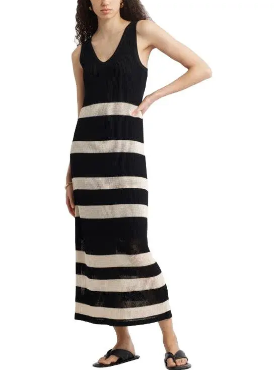Nordstrom Sleeveless Open Stitch Maxi Sweater Dress - Black- Ivory Stripe