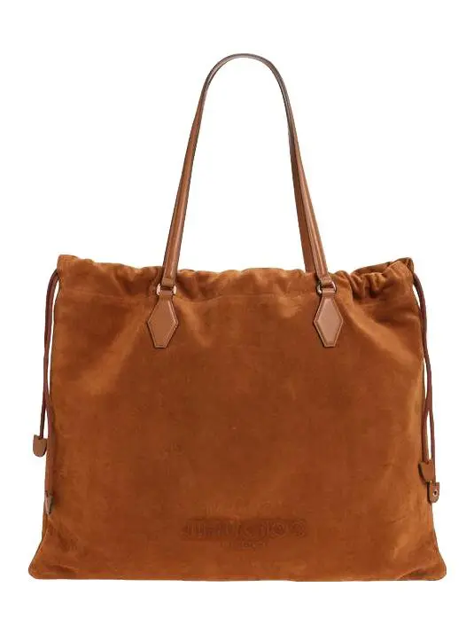 JIMMY CHOO Large Drawstring Leather Tote - Tan/ Light Gold