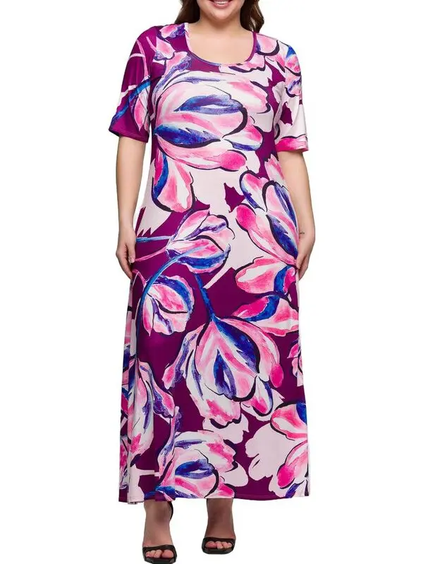 24SEVEN COMFORT APPAREL Floral A-line Maxi Dress - Pink Multi