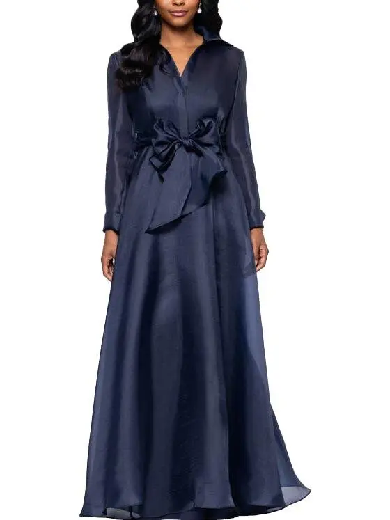 Betsy & Adam Long Sleeve Organza Gown - Navy