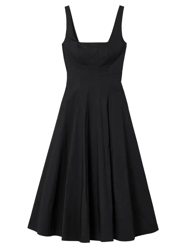 Staud Wells Pleated Cotton-blend Poplin Midi Dress - Black