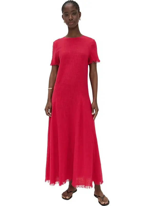 Staud Le Havre Fringe-trimmed Gauze Maxi Dress - Cherry