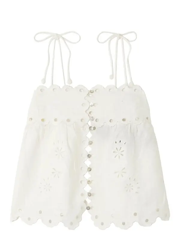 Farm Rio Scalloped Broderie Anglaise Linen Camisole - Off-white