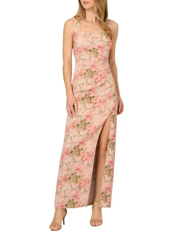 Adrianna Papell Floral Jacquard Metallic Matelasse Column Gown - Coral Multi