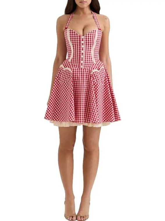 House Of Cb Heidi Gingham Halter Minidress - Gingham Savvy Red White Smoke