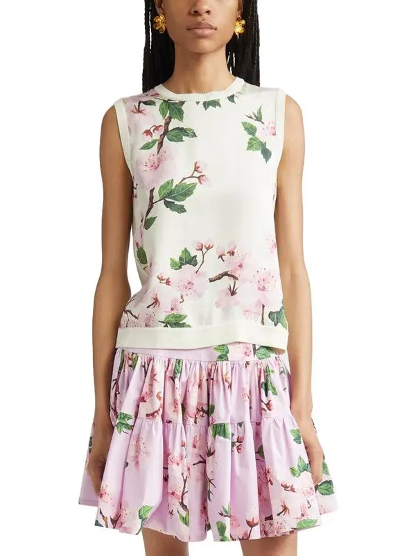 Oscar De La Renta Cherry Blossom Inset Sweater Tank - Pink/ Ecru