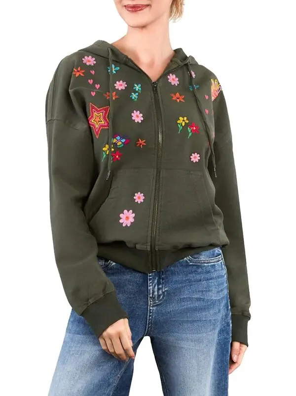 BILLY T Sketchbook Embroidered Zip-up Hoodie - Olive
