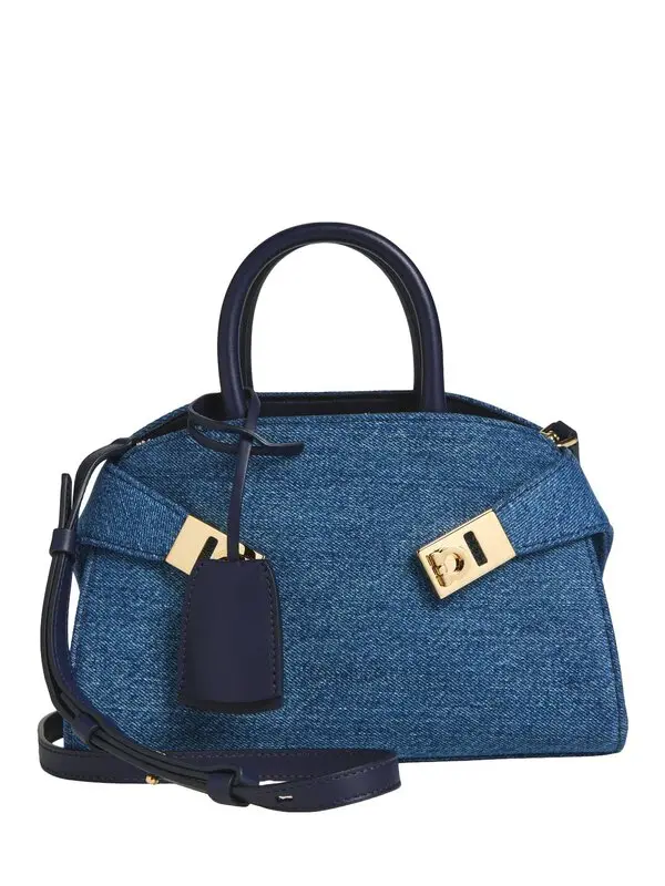 FERRAGAMO Mini Hug Denim Top Handle Satchel - Denim/ Midnight