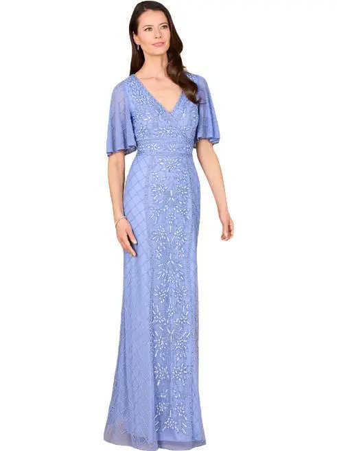 LARA NEW YORK Beaded V-neck Cape Sleeve Gown - Periwinkle