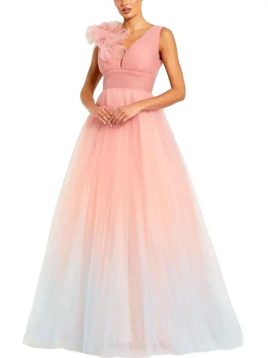 Mac Duggal Ombre Tulle Ballgown With Ruffle Shoulder Detail - Pink Multi