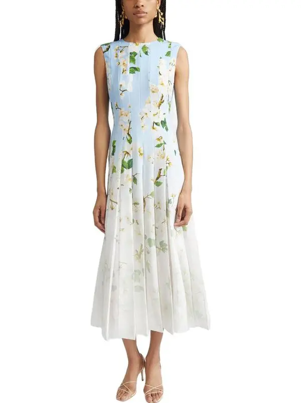 Oscar De La Renta Cherry Blossom Dégradé Cady & Chiffon Dress - White Blue Ombre