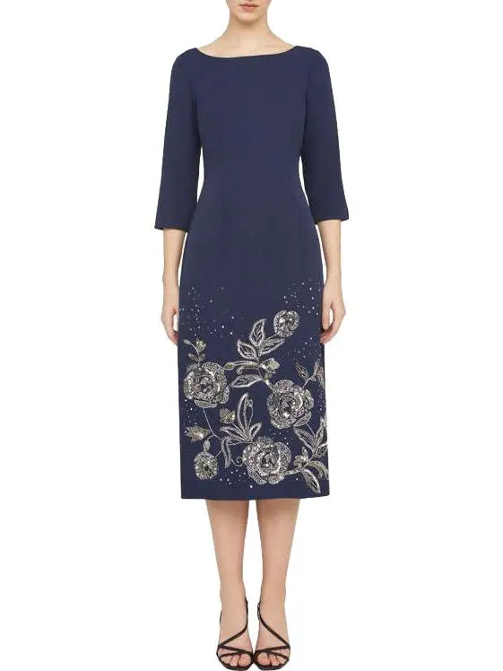Js Collections Delilah Floral Beaded Cocktail Midi Dress - Navy