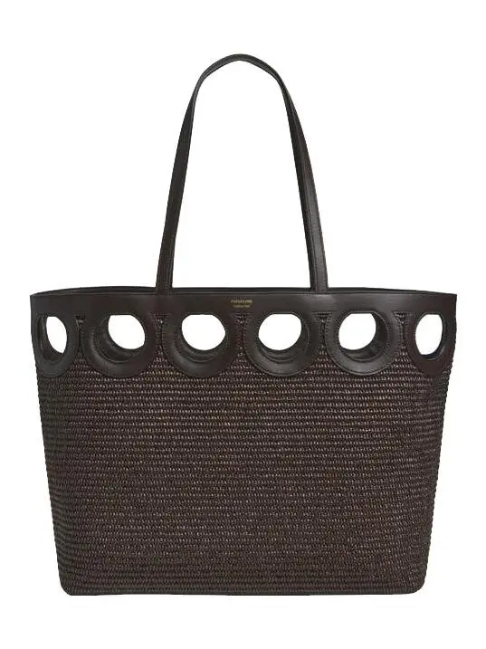 FERRAGAMO Medium Gancini Frame Raffia And Leather Tote - Moro/ Testa Di Moro