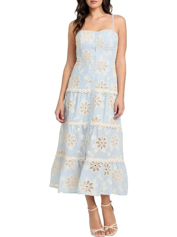 Guess Floral Embroidered Tiered Cotton Sundress - Blue