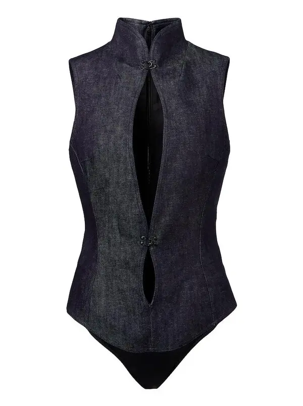 MUGLER Cutout Denim Bodysuit - Blue