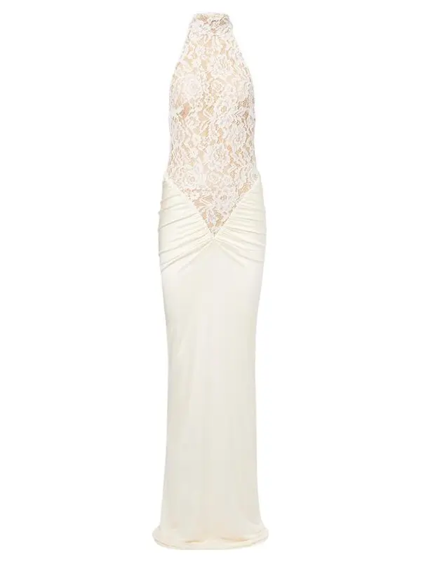 THE NEW ARRIVALS ILKYAZ OZEL Embroidered Ruched Halterneck Gown - White