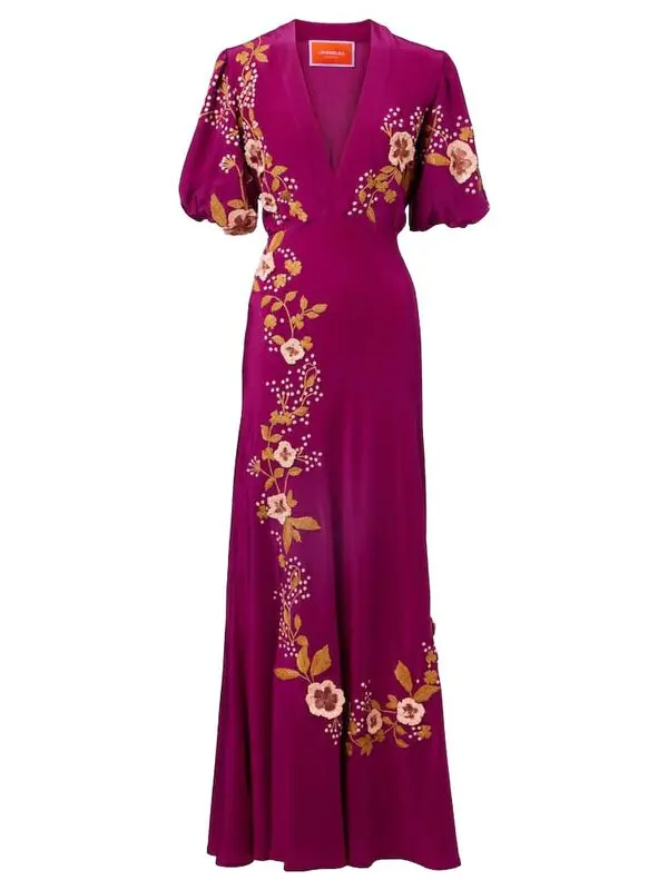 La DoubleJ Marlene Embroidered Silk Gown - Burgundy