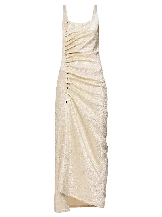 Rabanne Stretch-woven Maxi Dress With Ruching And Metallic Thread - Silver Gold