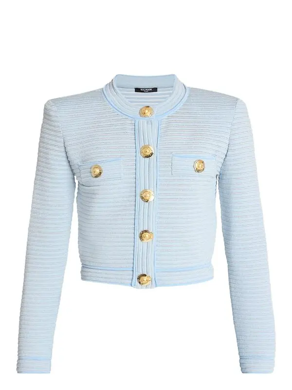 Balmain Buttoned Striped Knit Crop Cardigan - Bluewhite