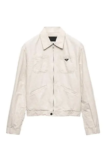 Prada Brand-plaque Washed Cotton And Linen-blend Jacket - Neutral