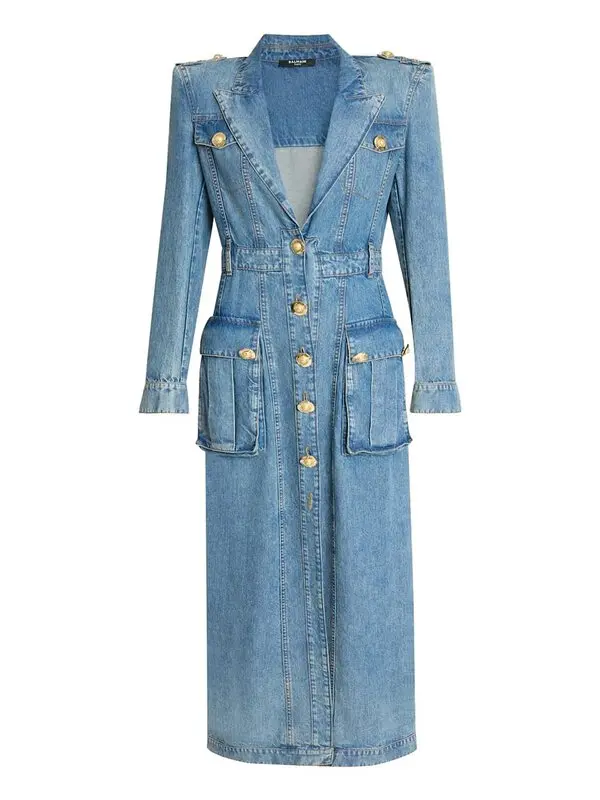 Balmain Belted V-neck Denim Midi Dress With Pockets - Blue