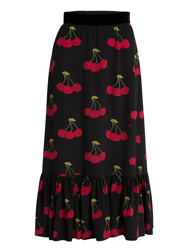 Valentino Garavani Cherry Print Flounce Silk Maxi Skirt - Black Cherry