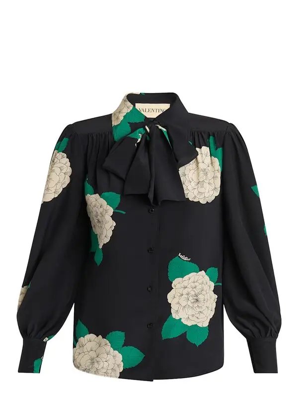 Valentino Garavani Floral Print Tie-neck Silk Blouse - Black Multi