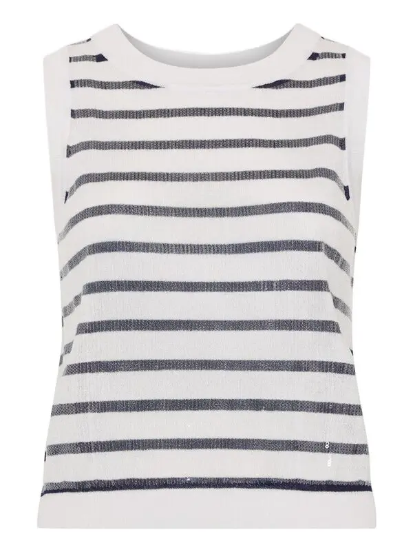 MILLY Sequin Knit Sleeveless Shell Top - Ecru/navy
