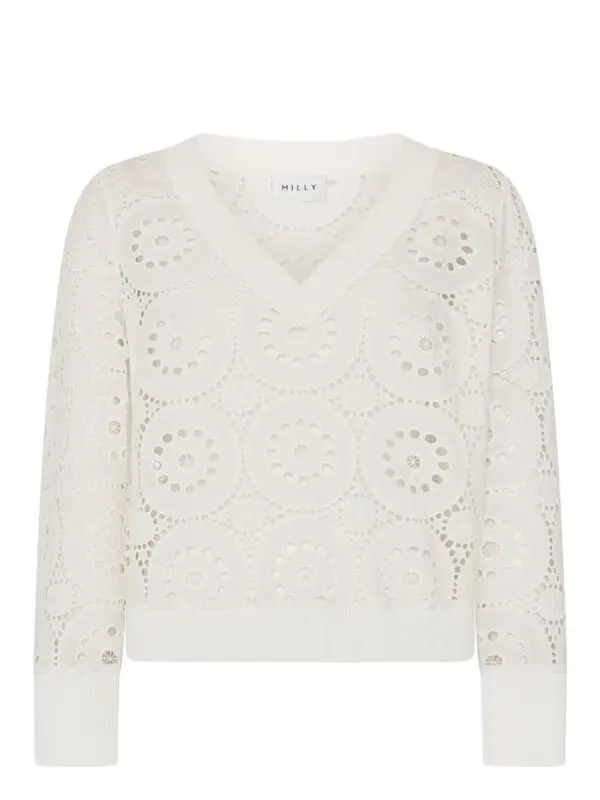 MILLY V-neck Embroidery Knit Top - Ecru