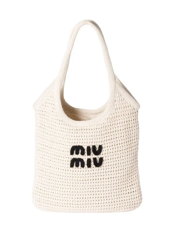 Miu Miu Ivy Raffia-effect Woven Tote Bag - Chalk White/black