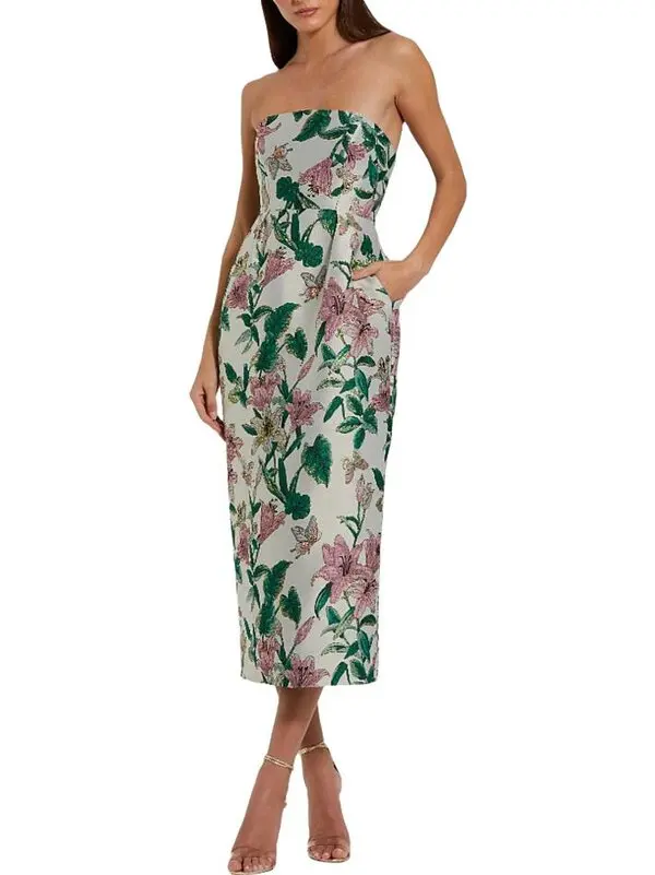 Mac Duggal Floral Brocade Strapless Fitted Midi Dress - Lily