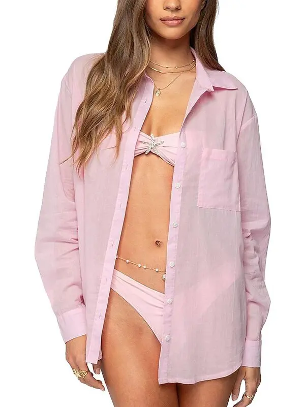 EDIKTED Kellen Oversized Cotton Button Up Shirt - Pink