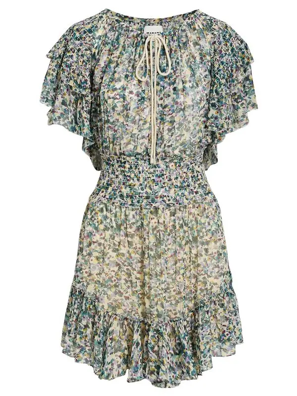 MARANT ETOILE Florise Ruffled Printed Mini Dress - Grey Green