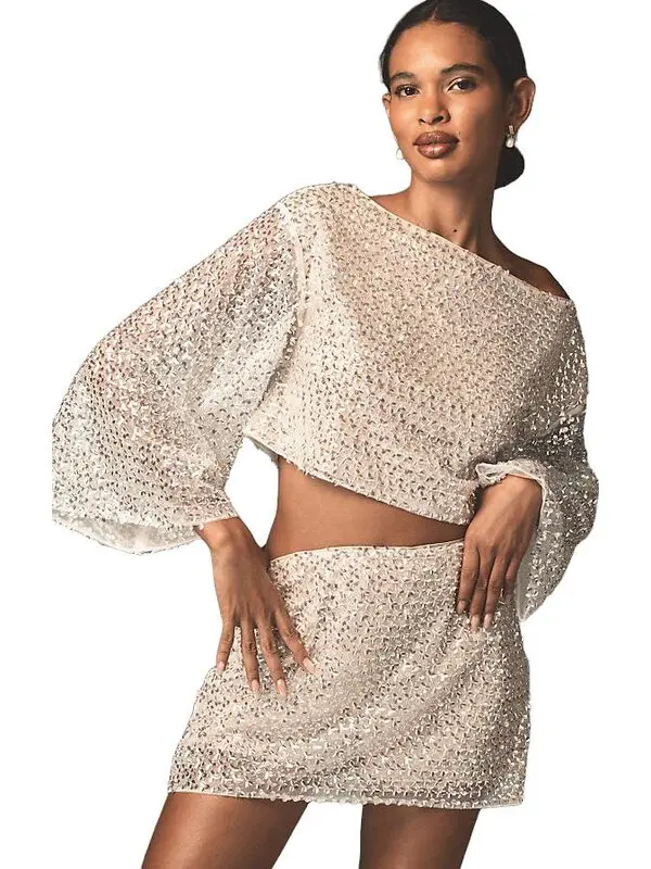 MARE MARE Sequin Long-sleeve Crop Top & Mini Skirt Set - Ivory