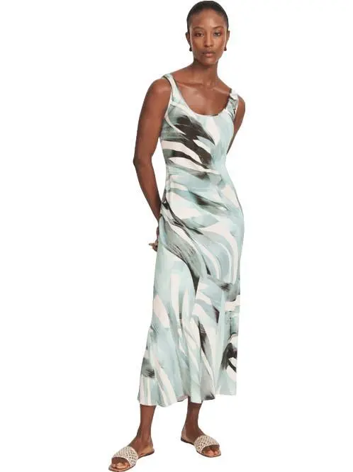 Mint Velvet Palm Print Satin Slip Midi Dress - Blue
