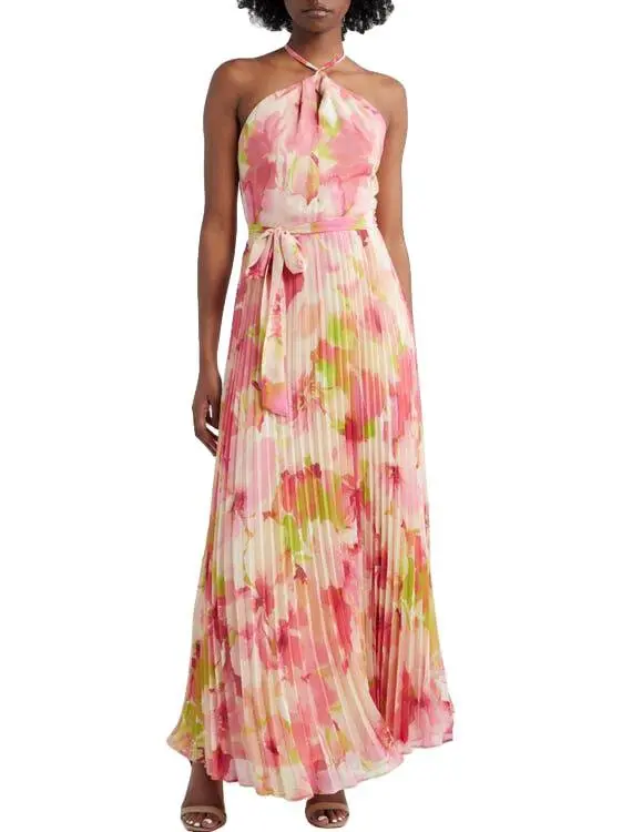 Julia Jordan Floral Pleated Chiffon Halter Dress - Pink Multi