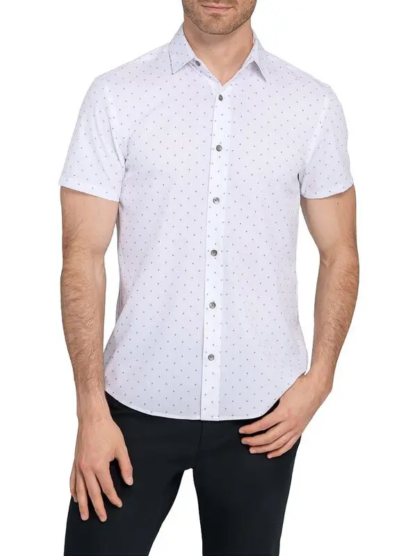 W.R.K Trim Fit Abstract Star Print Short Sleeve Performance Button-up Shirt - White/ Burgundy