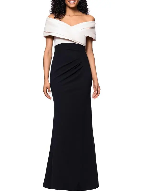 Betsy & Adam Off The Shoulder Scuba Crepe Gown - Champagne/ Black