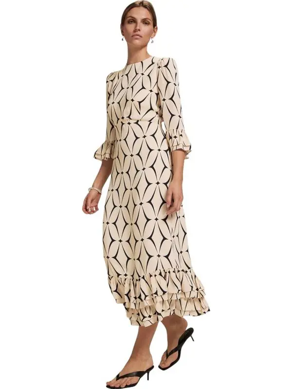 Mint Velvet Geometric Print Ruffle Midi Dress - Cream