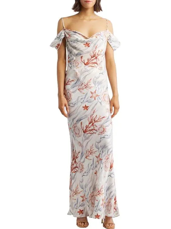 SONYA MODA Del La Mer Draped Cold Shoulder Gown - White/ Marine Print