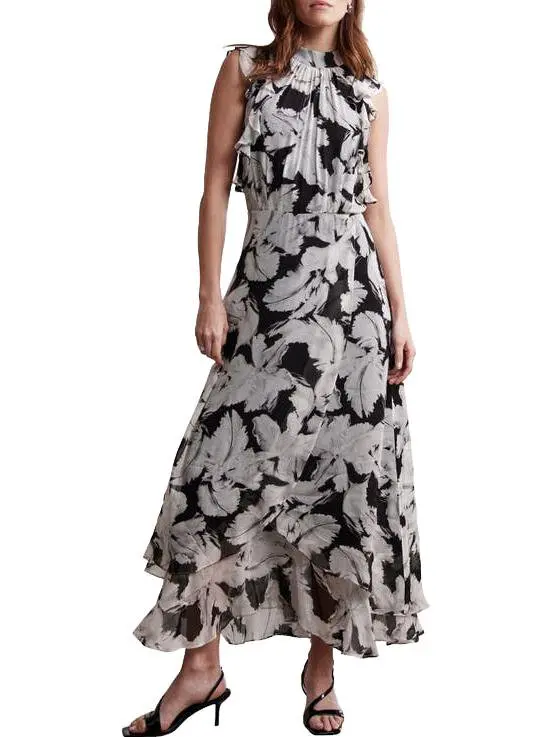 Mint Velvet Feather Print Midi Dress - Black