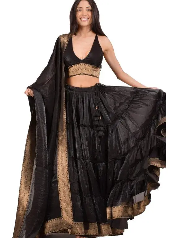 RAAS Ciara Tiered Shimmer Lehenga Choli Set - Black
