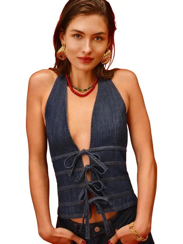 REFORMATION Kyleigh Denim Halter Top - Blue