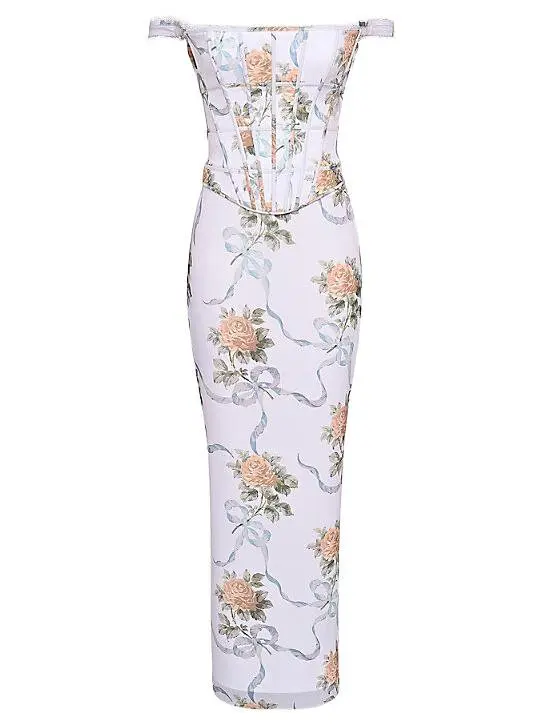 House Of Cb Isis Corseted Woven Maxi Dress - Soft Blue Rose Print