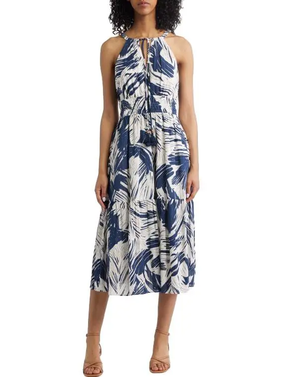 Vince Camuto Leaf Print Cotton Halter Neck Midi Dress - Navy