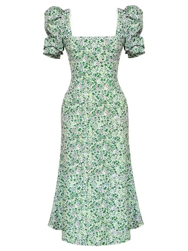 POST MERIDIEM Godet-gilhouette Square-neck Midi Dress - Green